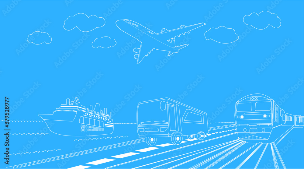 Logistics and transportation of ship and plane with bus concept blue ...