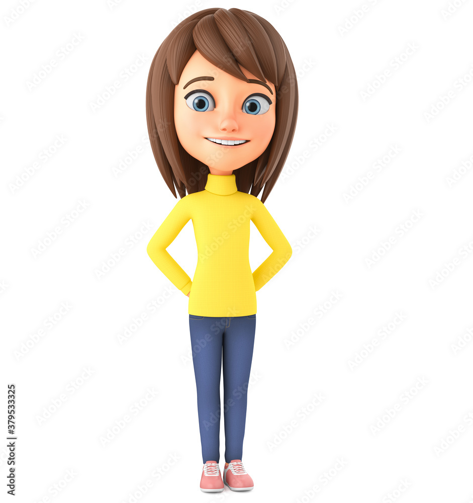Cheerful smiling cartoon character modest girl on a white background ...