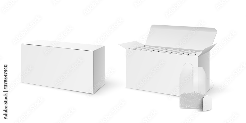 Set of tea box with and without tea bag, realistic vector illustration ...