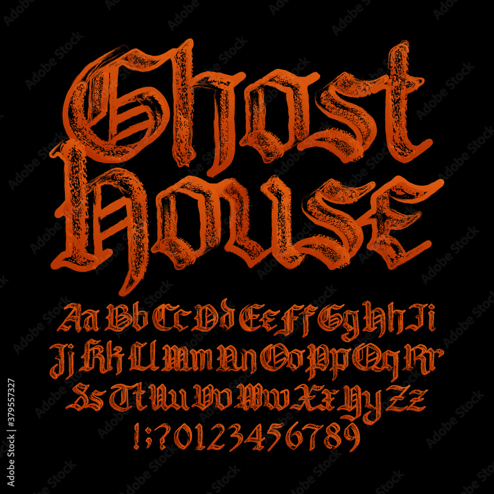 Ghost House alphabet font. Uppercase and lowercase gothic letters and ...