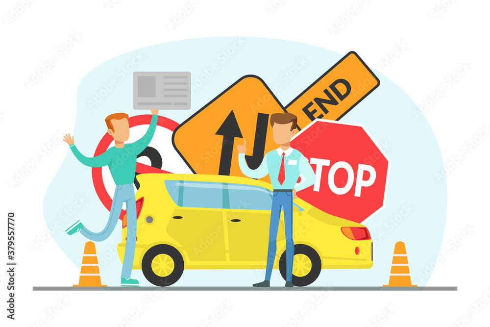 Teacher and Student Learning to Drive, Driving School Concept Cartoon ...
