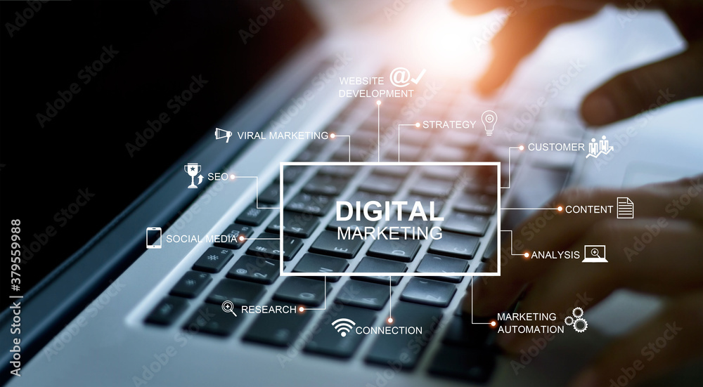 Foto de Digital marketing network connection concept. Businessman hand ...