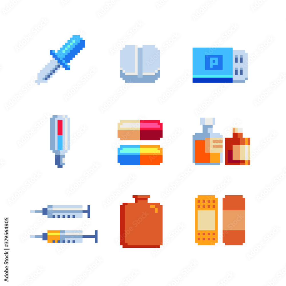 Medicine pixel art icons set. Medical pills, bottles, syringes and band ...