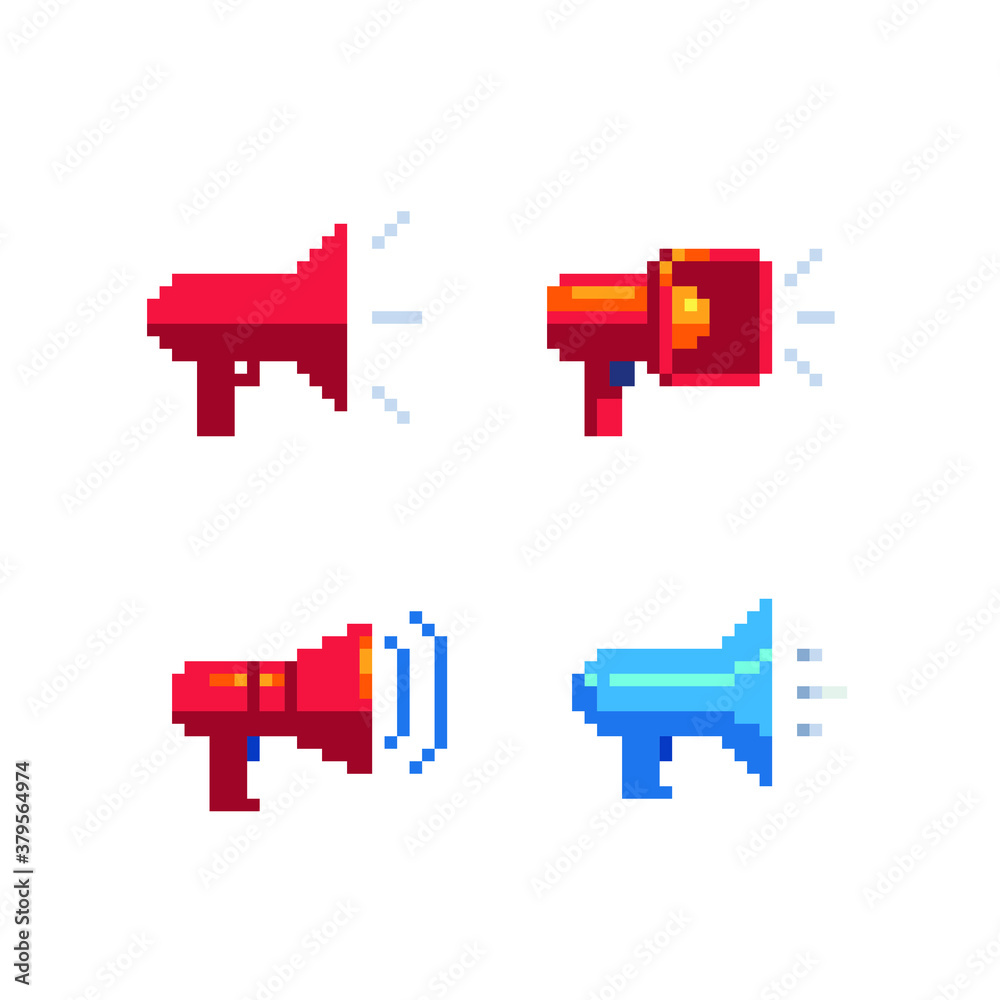 Bullhorn icons set. Symbol, logo megaphone. Pixel art style design. 8 ...