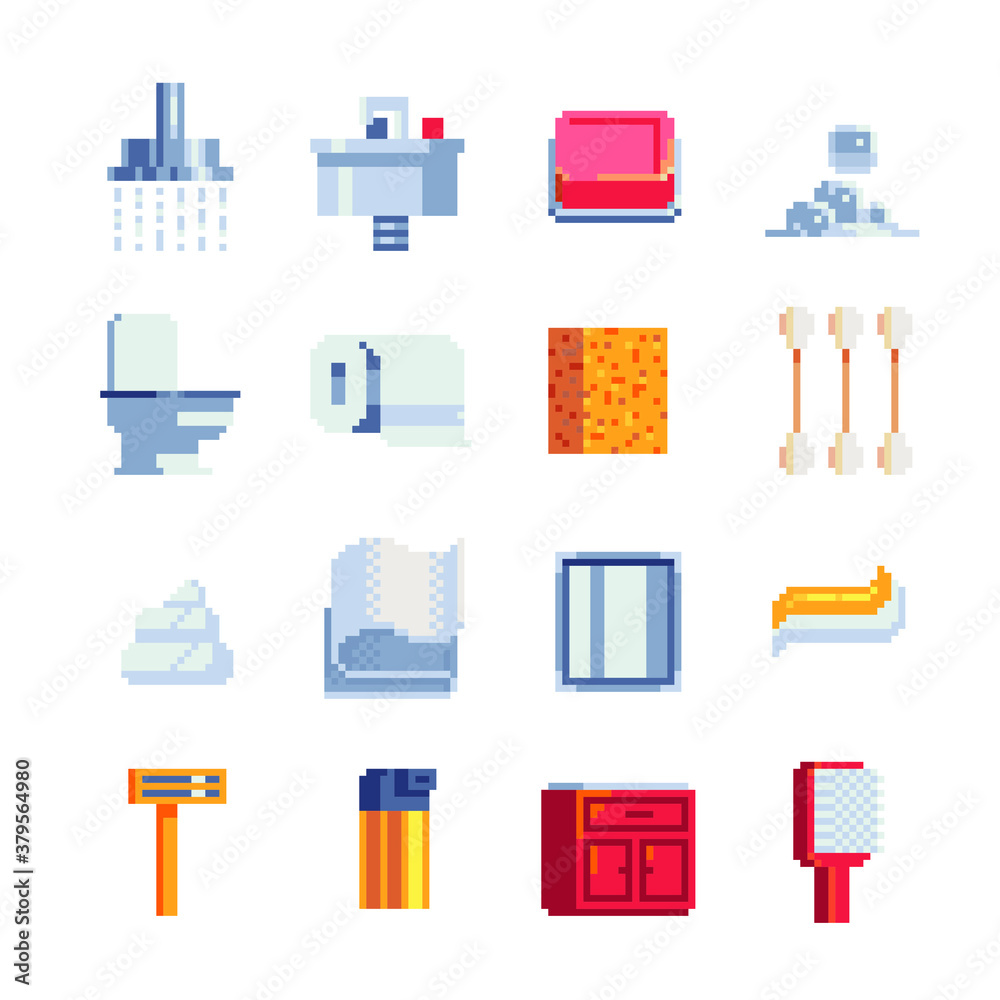 Tools bathroom. Theme of hygiene. Pixel art icons set. Bathroom items ...