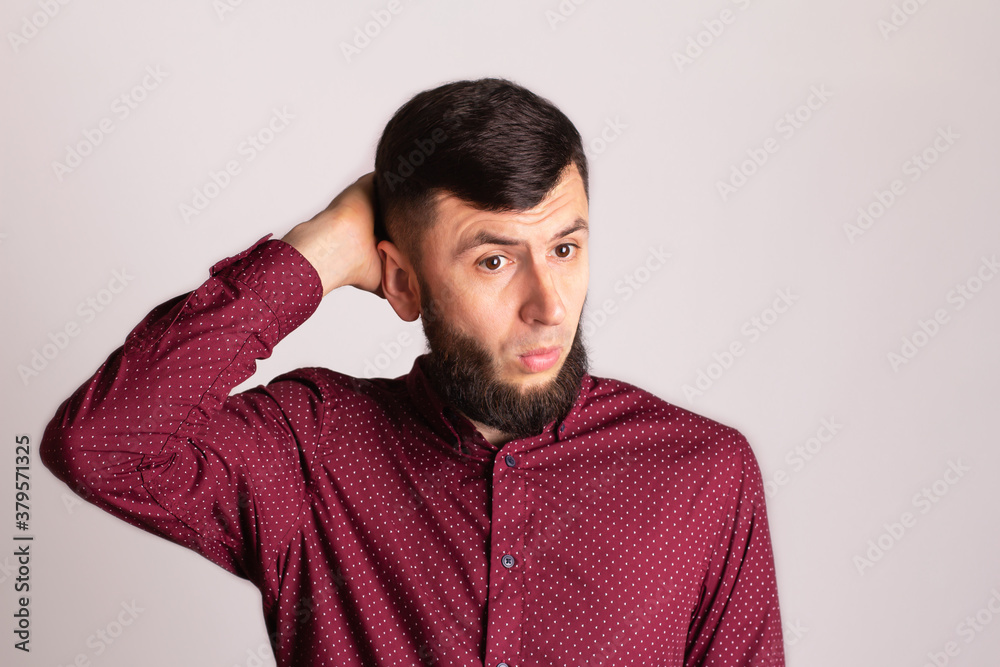 Man with surprised expression on face. Question problem. Emotions of ...