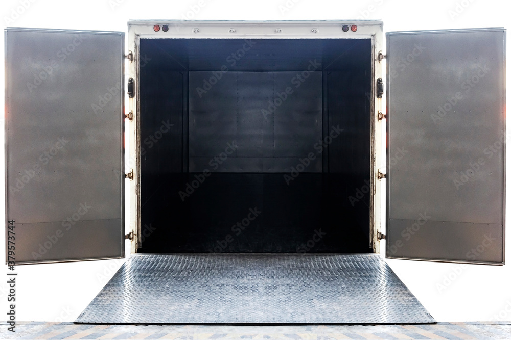 Cargo freight truck, Delivery service. Truck open door cargo container ...