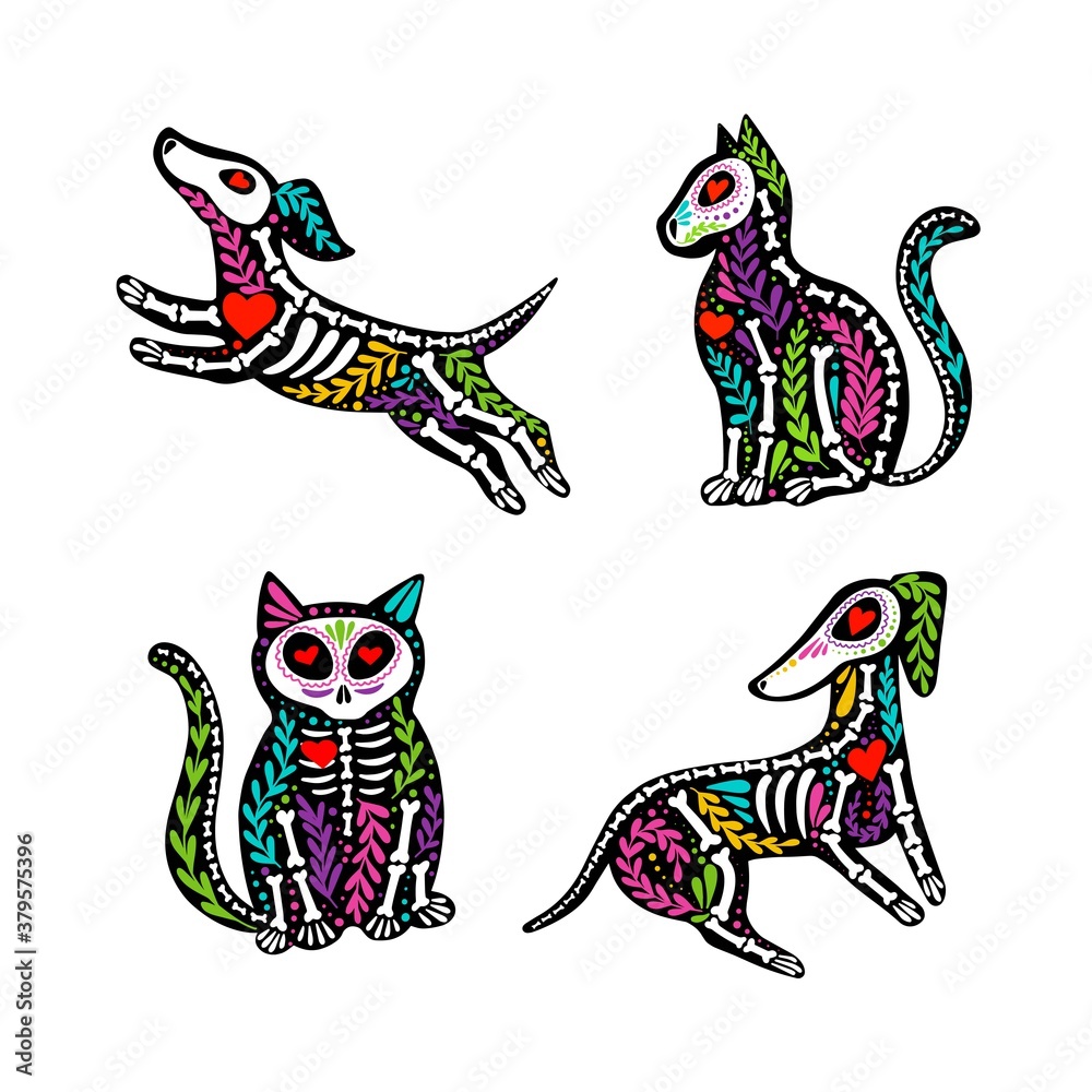 Vector colorful set of stickers. Dia de los Muertos, Day of the dead or ...