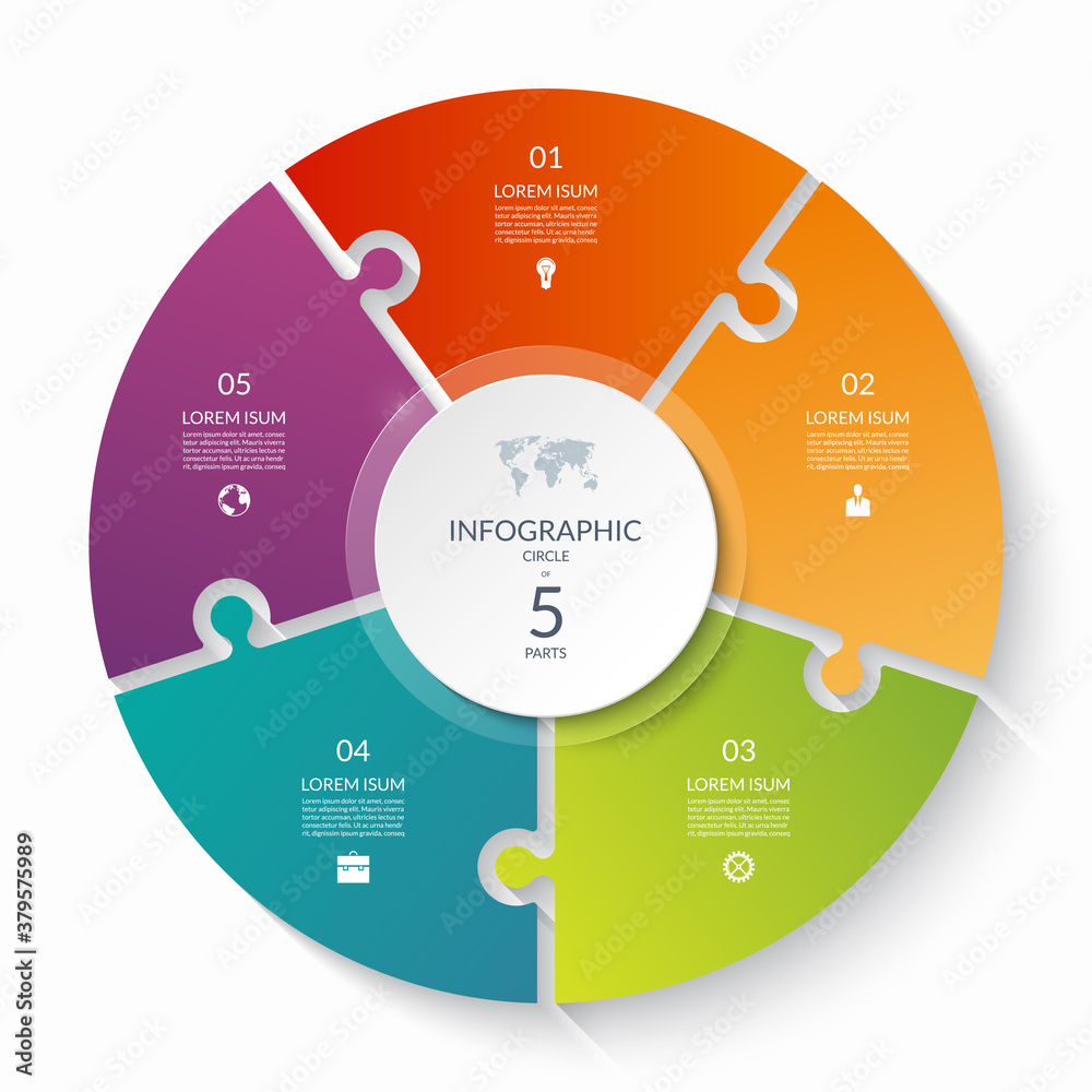 Puzzle infographic circle with 5 steps, options, pieces. Five-part ...