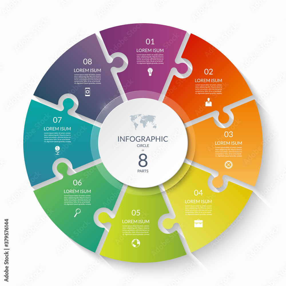 Puzzle infographic circle with 8 steps, options, pieces. Eight-part ...