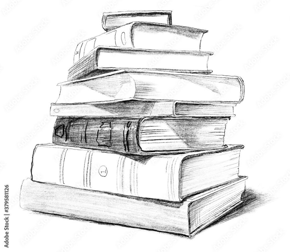 Hand Drawn stack of books sketch pencil illustration Stock Illustration ...