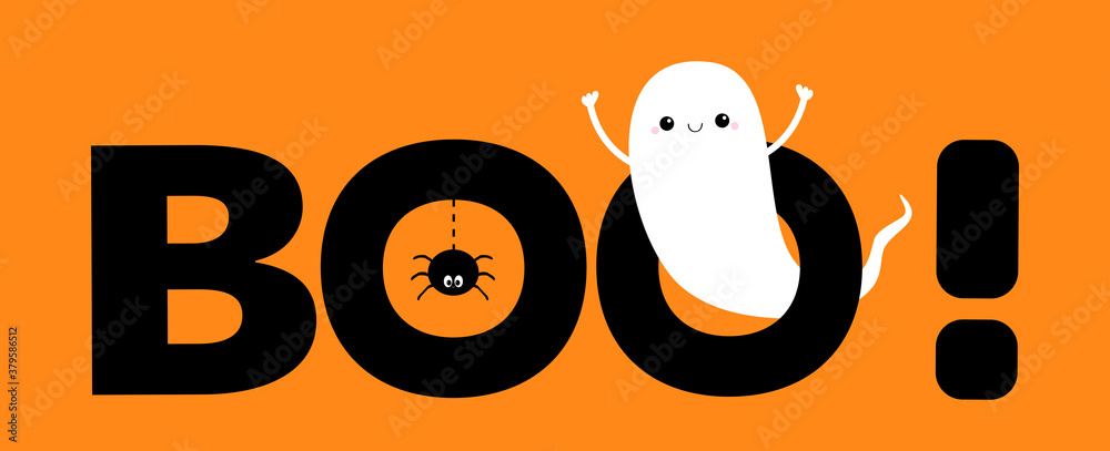 Flying ghost spirit. Boo text with hanging spider insect. Happy ...