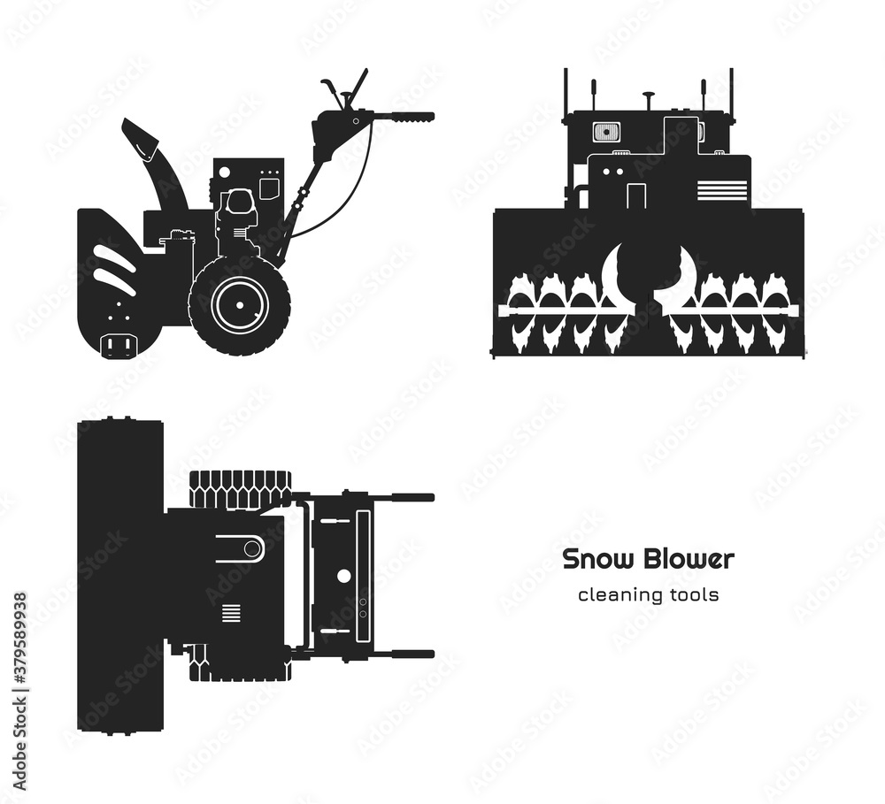 Black silhouette of snow blower. Top, side and front view. Winter hand ...