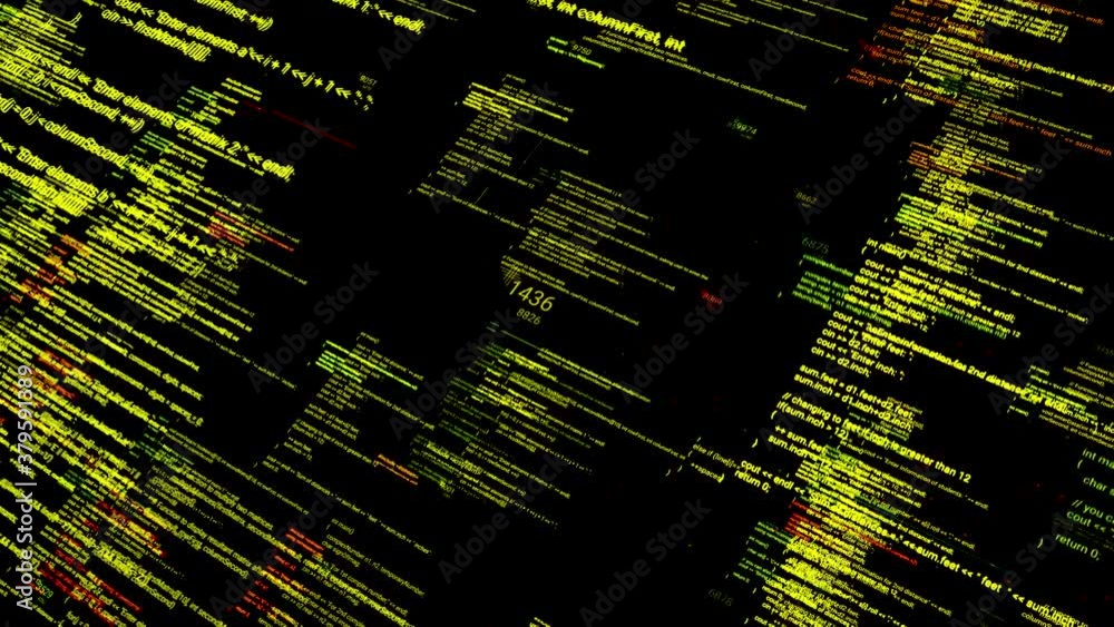 Abstract symbols flying diagonally on black screen background. Animation. Computer program codes ...