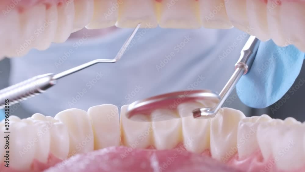 Dentist in blue medical gloves and protective mask inspects patient's ...