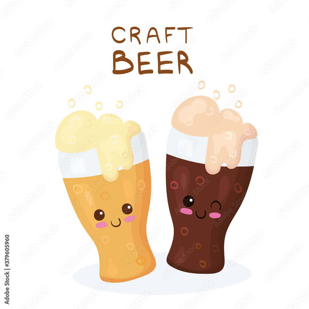 Craft beer hand drawing with lettering concept. Two cute beer glasses ...