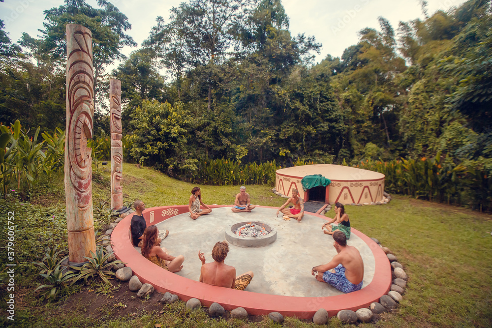 Group of people preparing for Mayan Temazcal- traditional steam sauna ...
