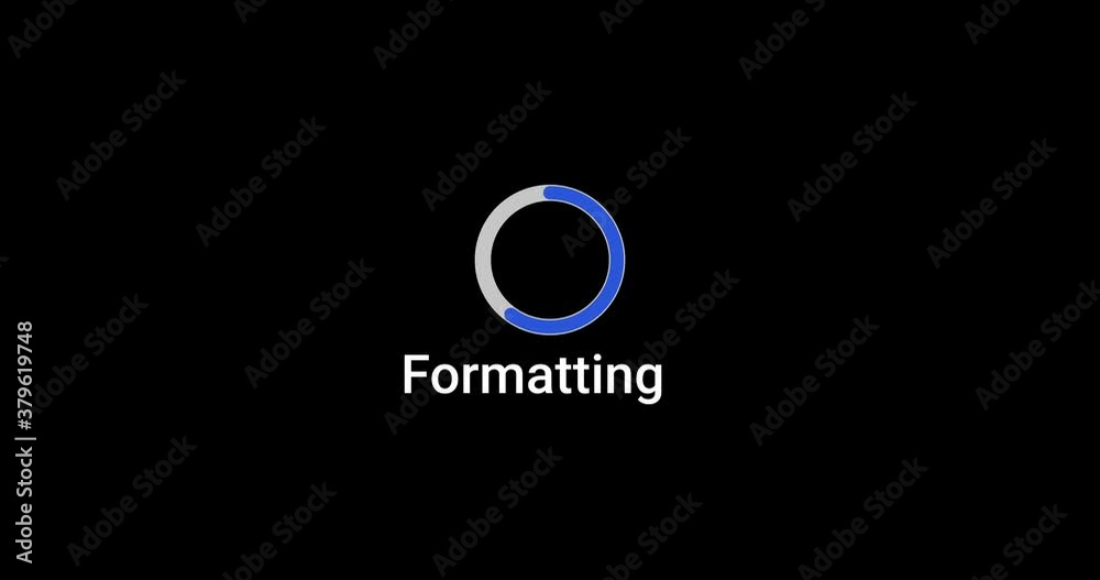 Formatting progress bar computer screen animation loop isolated on black background with blue ...