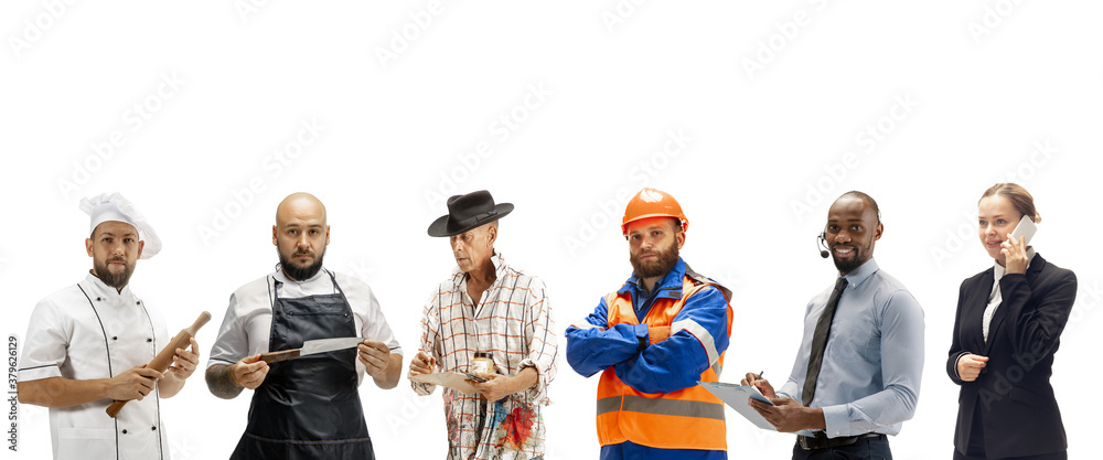 Group of people with different professions isolated on white studio ...