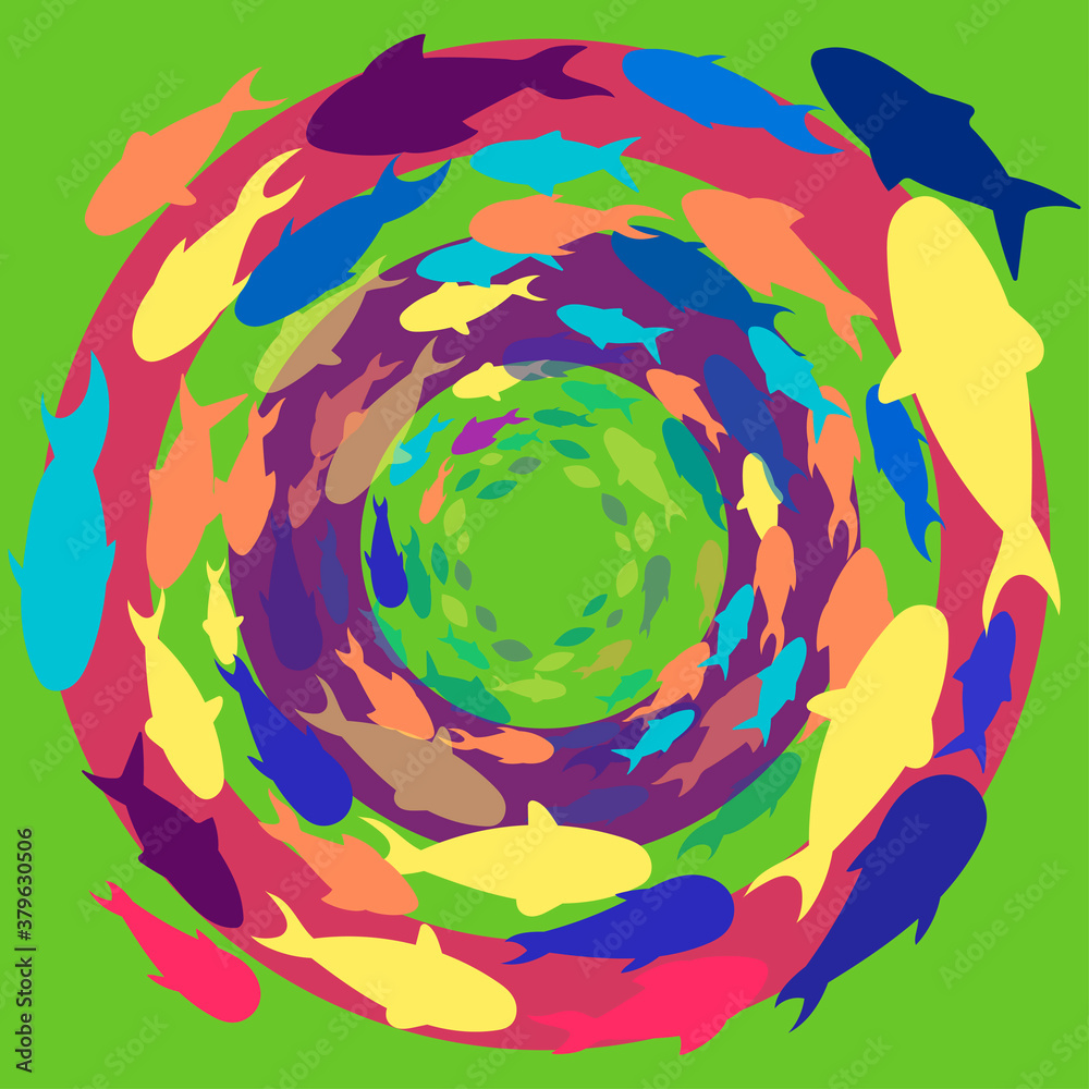 school of tropical fish swim in a circle. colorful fish silhouettes ...
