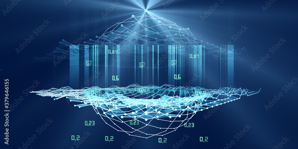 3D polygonal background artificial intelligence sphere on grid data. Analytics algorithms banner ...
