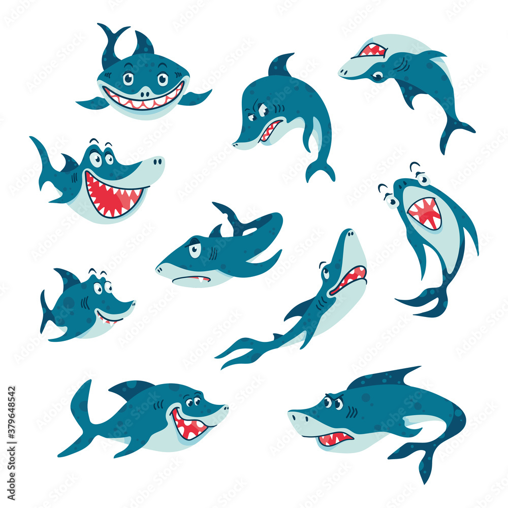 Seamless pattern with Sharks in cartoon style. Comic sharks emotions ...