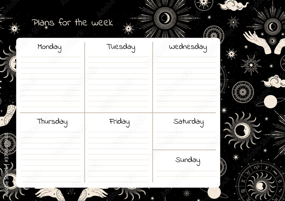 Weekly planner template. Magical hands. Two hands, the sun, crescent ...