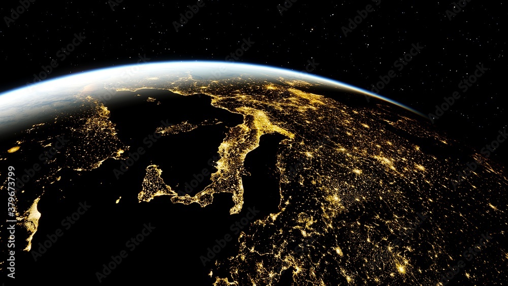 realistic night Italy from space, Venice from space, night Sicily from ...