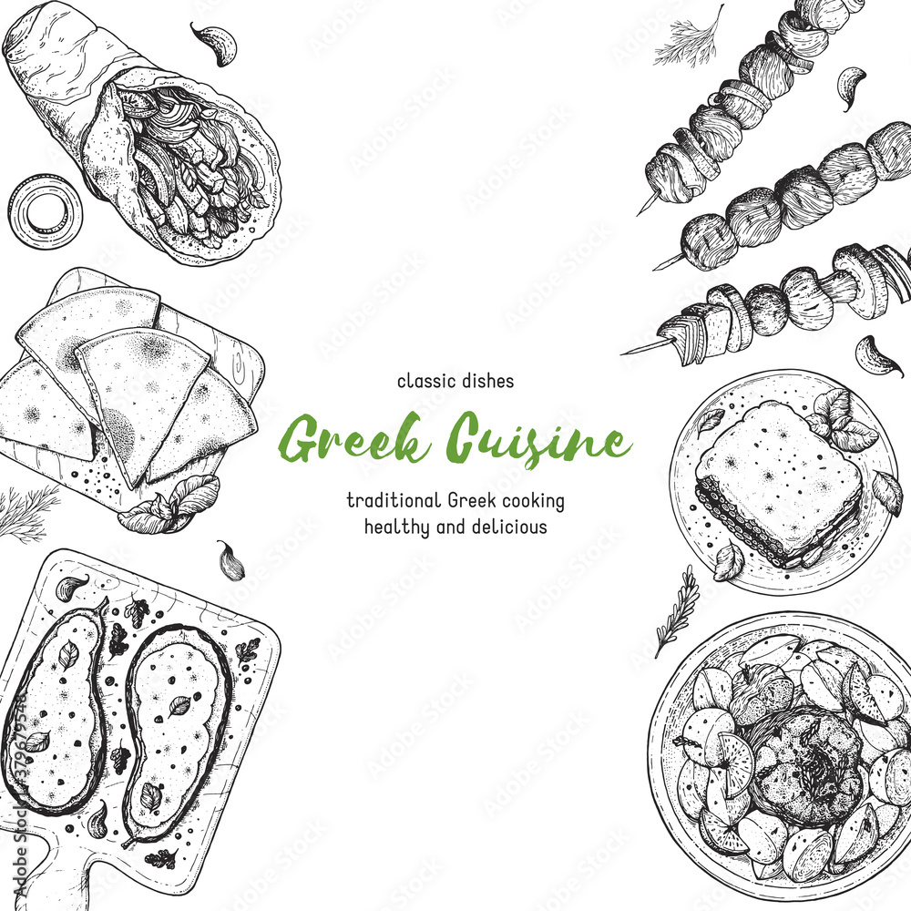 Vetor De Greek Cuisine Top View A Set Of Greek Dishes With Gyros Pita vetor-de-greek-cuisine-top-view-a-set-of-greek-dishes-with-gyros-pita