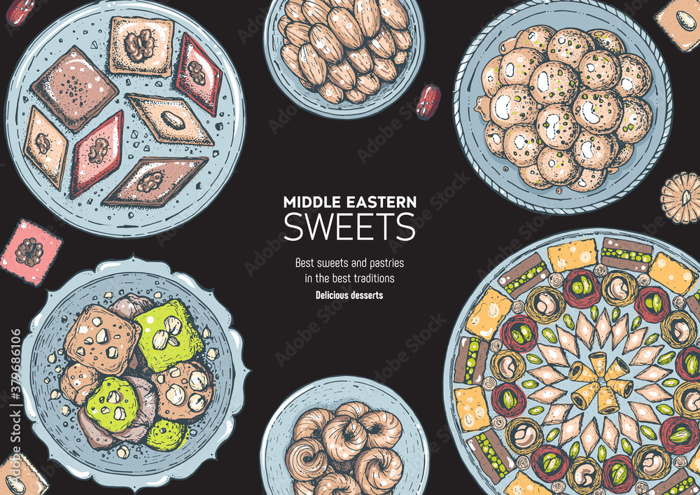 Oriental sweets vector illustration, top view. Middle eastern food ...