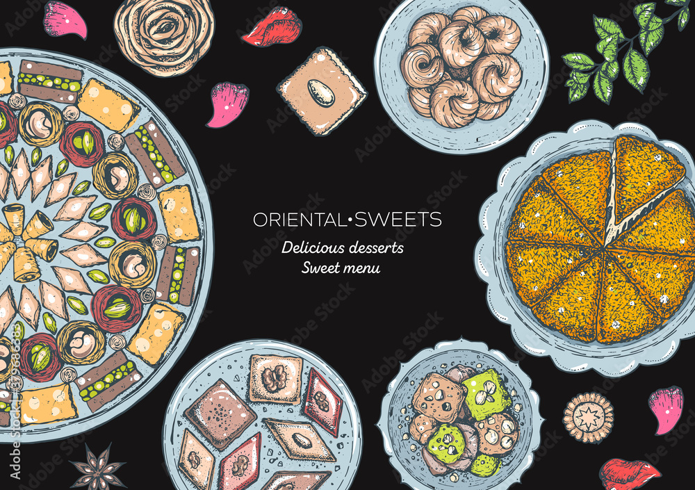 Oriental sweets vector illustration, top view. Middle eastern food ...