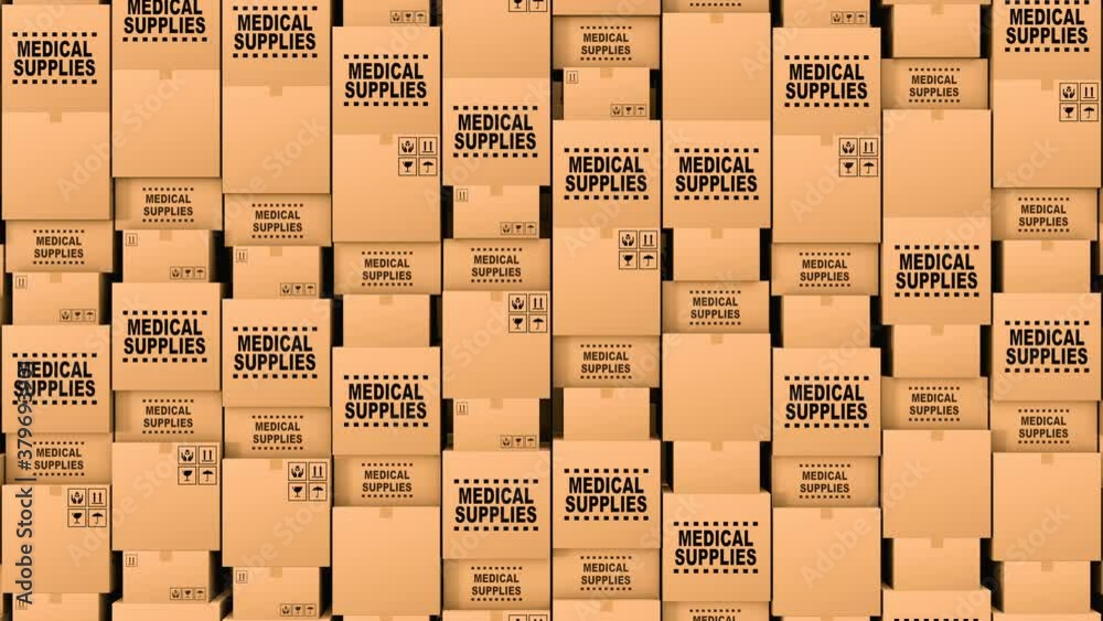 Huge amount of the cardboard boxes with medical supplies and donations ...