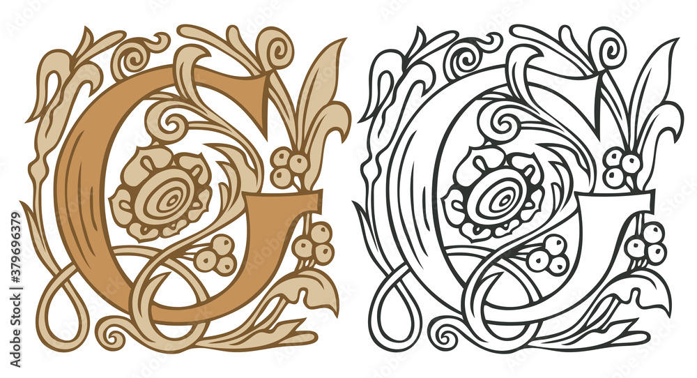 Initial letter G with vintage Baroque decorations. Two vector uppercase ...