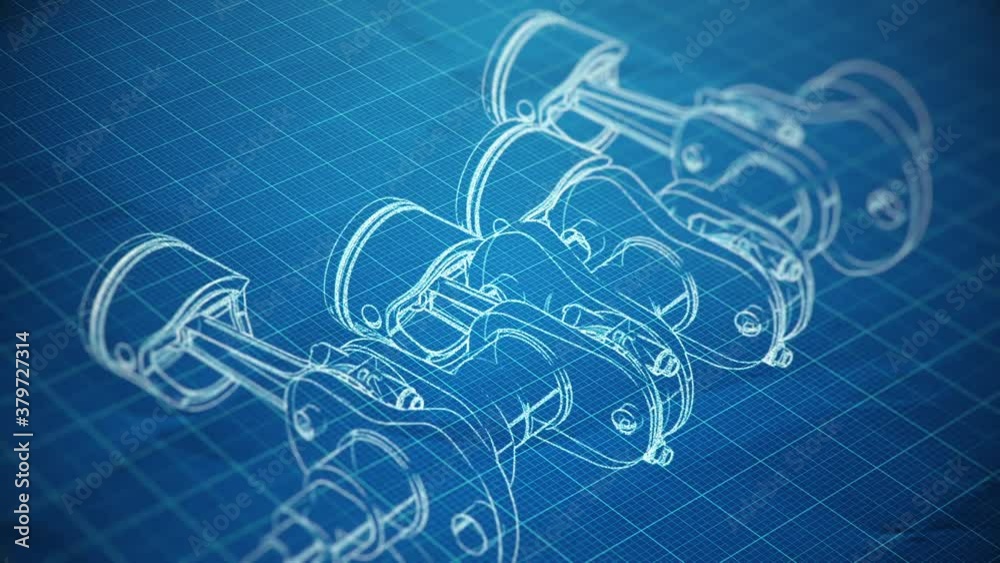Abstract background with animation of blueprint drawing gears, engines ...