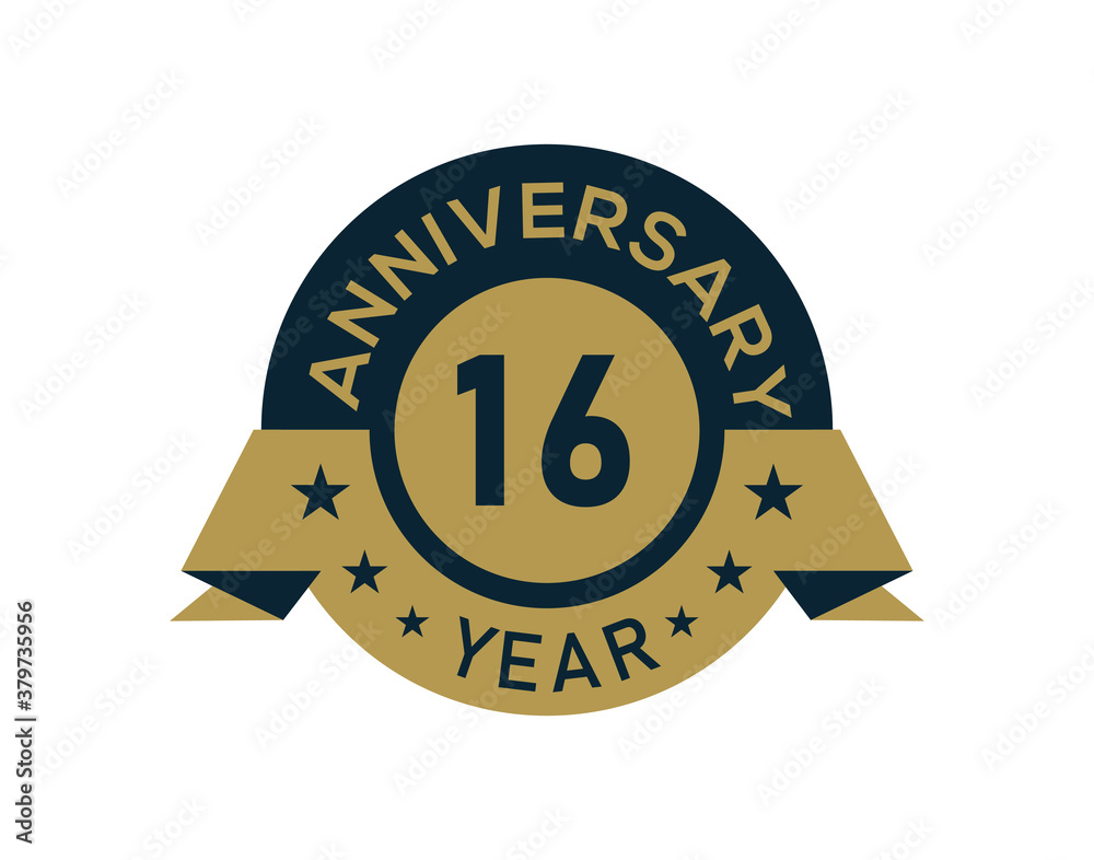 Gold 16 years anniversary badge with banner image, Anniversary logo ...