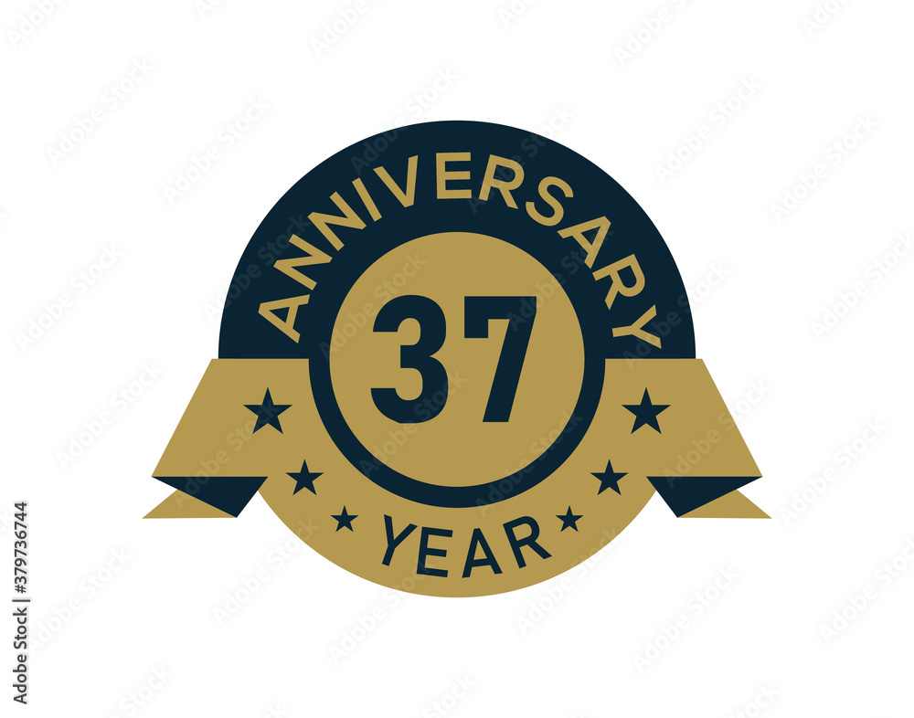 Gold 37 years anniversary badge with banner image, Anniversary logo ...