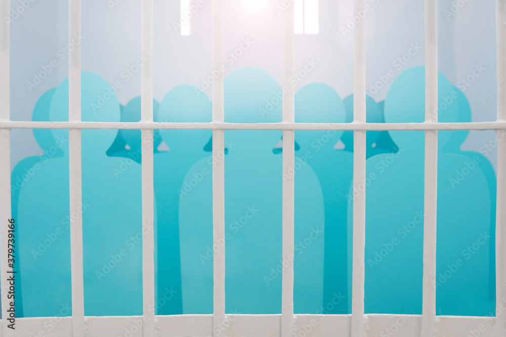 Blue simplified figures. Overcrowded prison. Group of men in jail ...