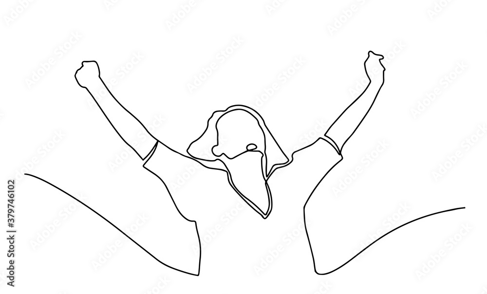 Continuous line drawing of cheering woman holding fists. Happy young ...