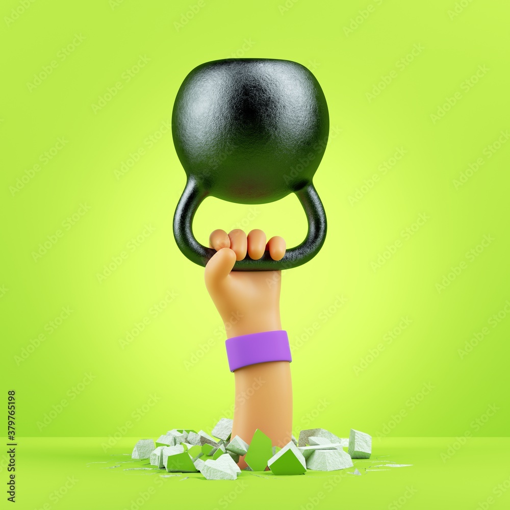 3d render, cartoon character hand holds heavy weight, isolated on green ...