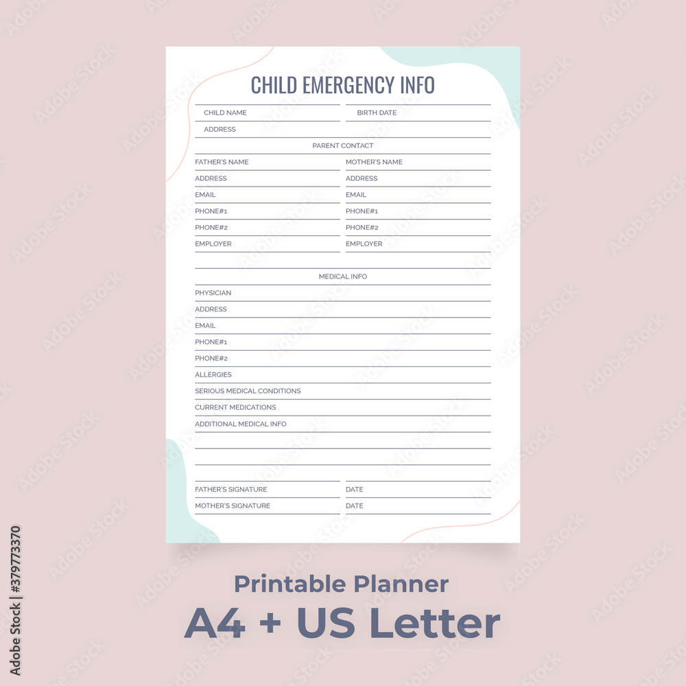 Minimalist Child Emergency Information Printable, Parent Contact Form ...