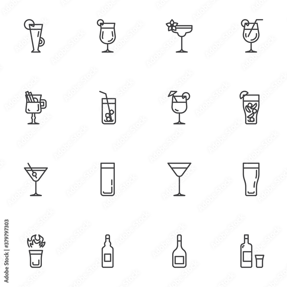 Cocktail Glass Line Icons Set Outline Vector Symbol Collection Linear