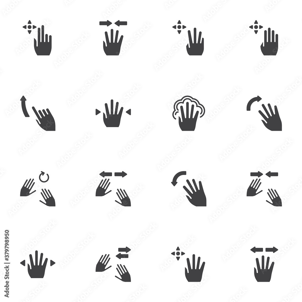 Touchscreen hand gestures vector icons set, modern solid symbol ...