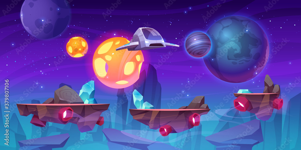 Space game level background with platforms. Vector cartoon illustration ...