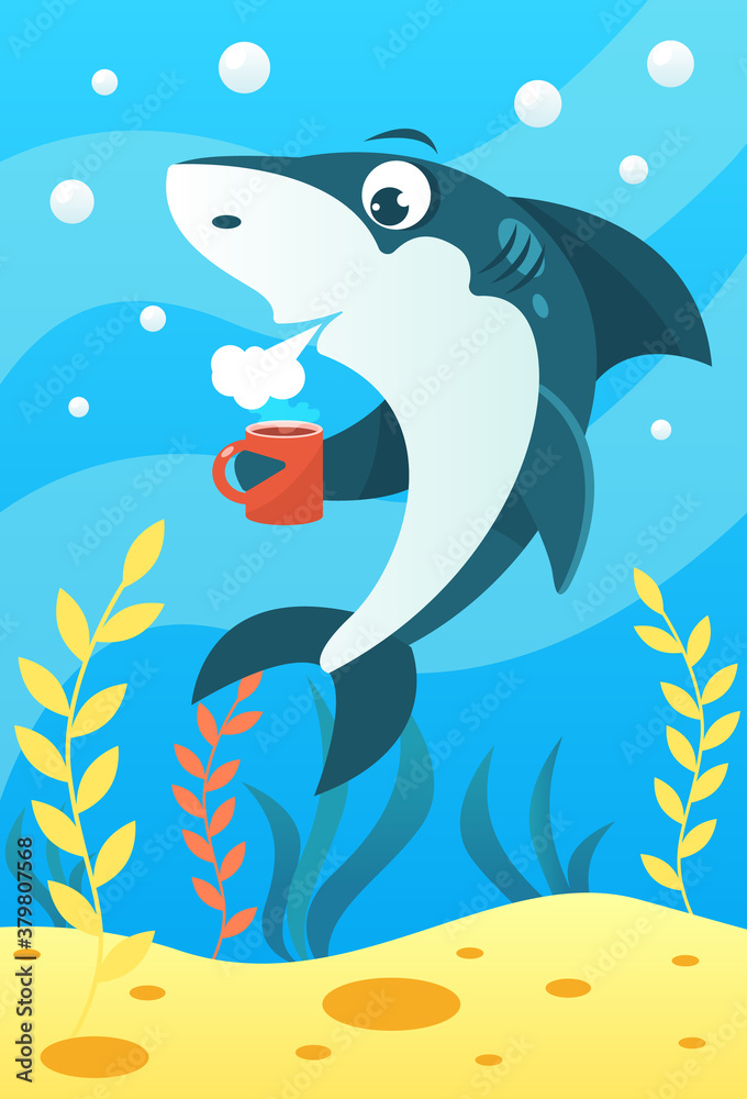 Cute smiling animals and underwater world. Cute shark holds mug of ...