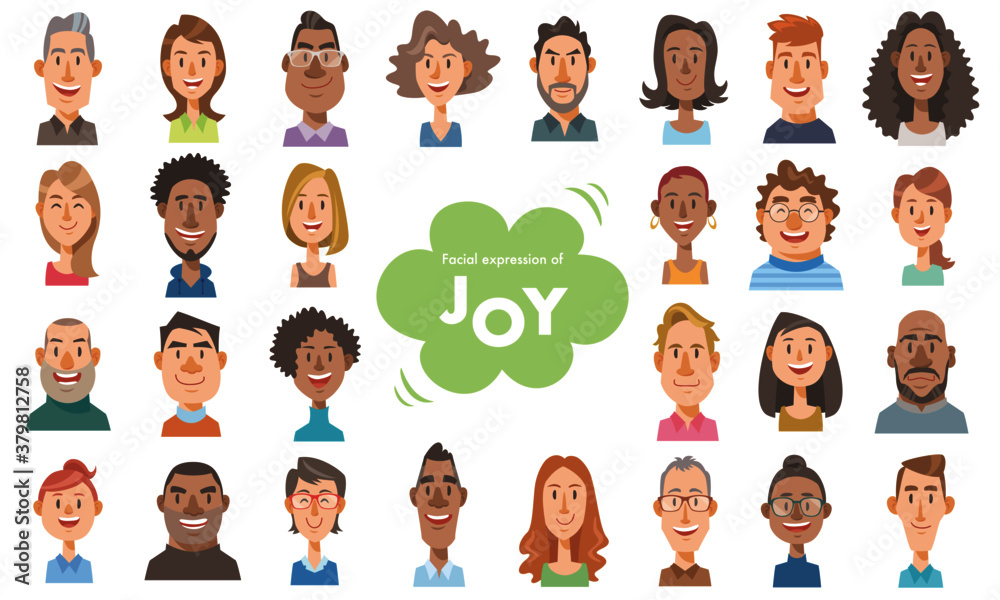 Facial expressions of joy. Smiling men and women. Set of diverse people ...