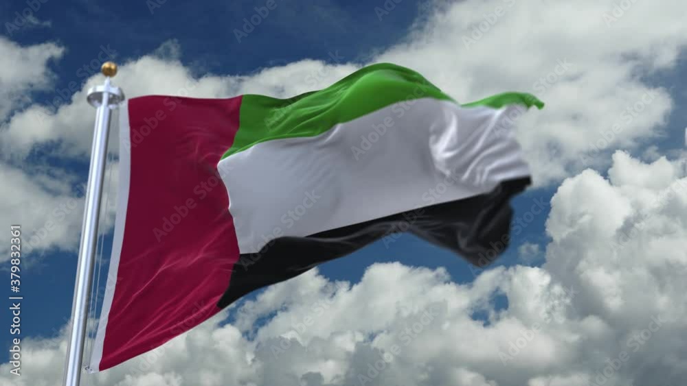 looping flag of UAE with flagpole waving in wind;timelapse rolling ...