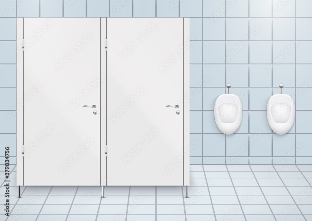 Toilet cubicle. WC restroom and porcelain urinals in row. Public Toilet ...