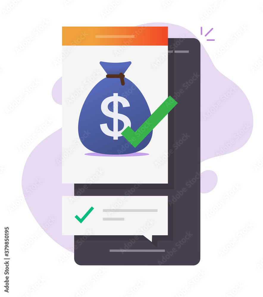 Money transfer received online or cash transaction sent with check mark ...