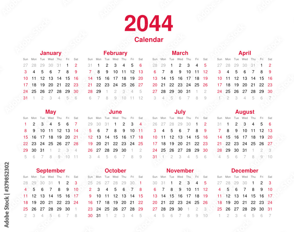 Calendar 2044 - 12 months yearly vector calendar - calendar planner ...