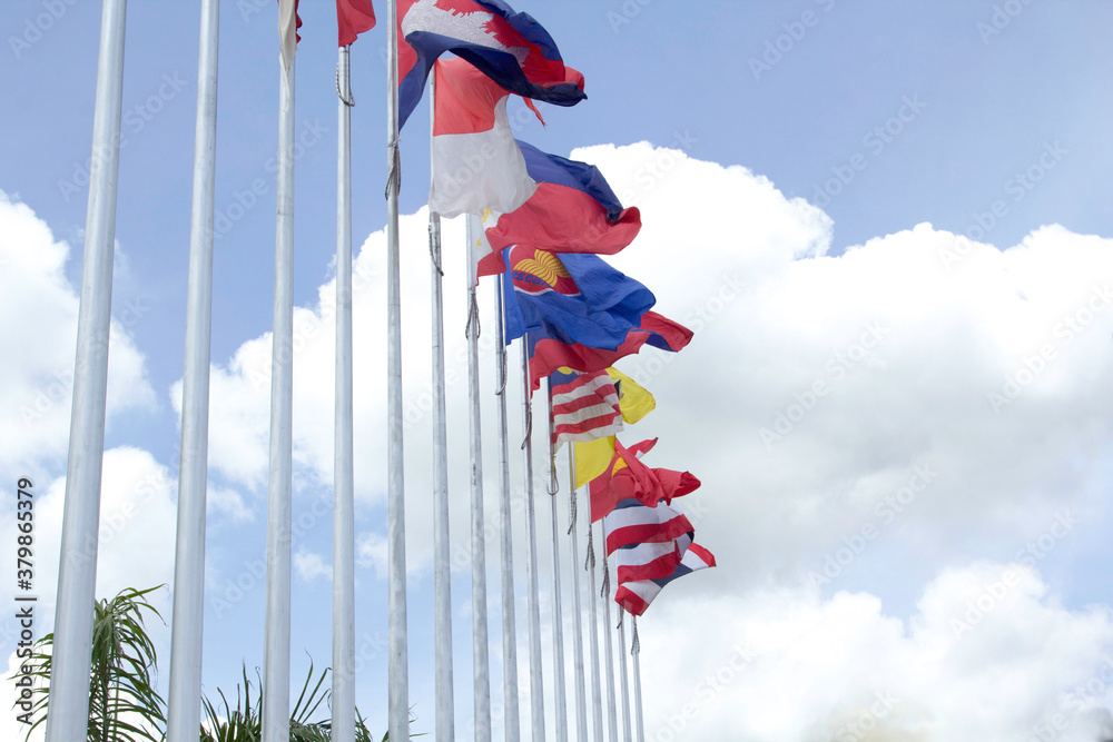 Many of the flags of ASEAN in the colorful colors blown by the force of ...
